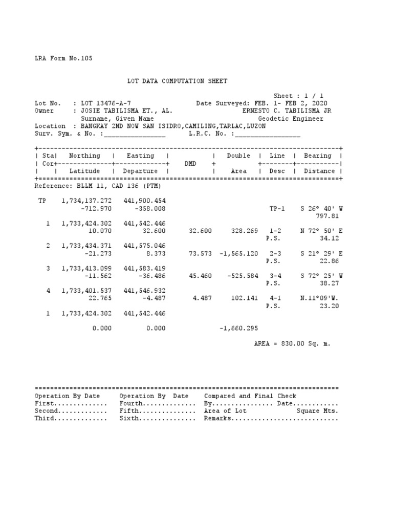 Lot Data Computation | PDF | Geodesy | Geomatics