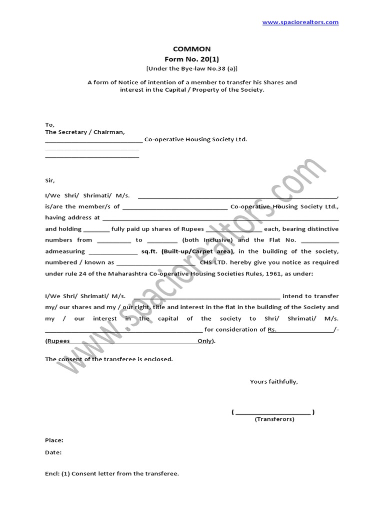 1 Common Form No.201 Letter To The Society For NOC From The Residing ...