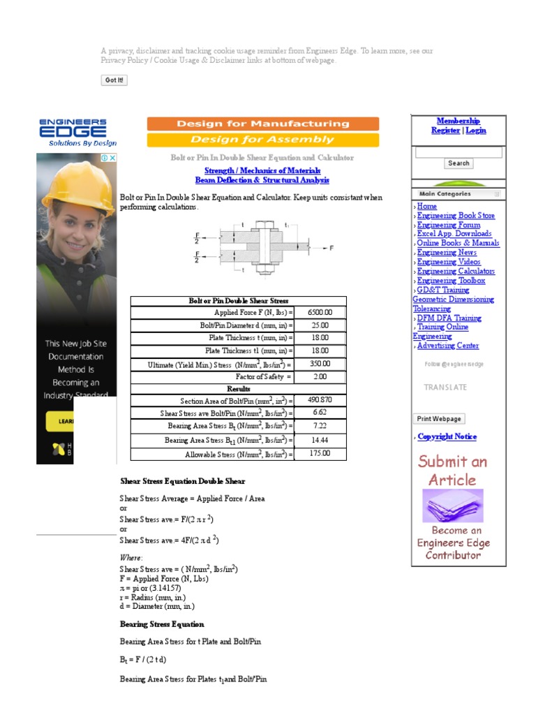 Bolt or Pin in Double Shear Equation and Calculator - Engineers Edge ...