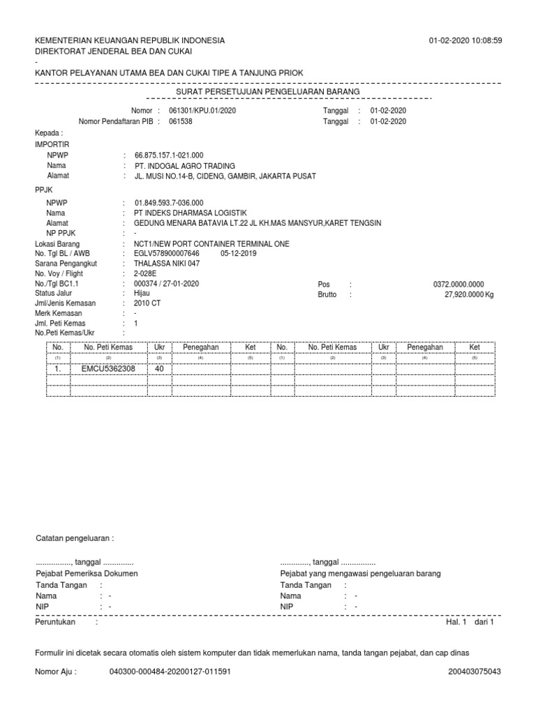 Surat Persetujuan Pengeluaran Barang | PDF