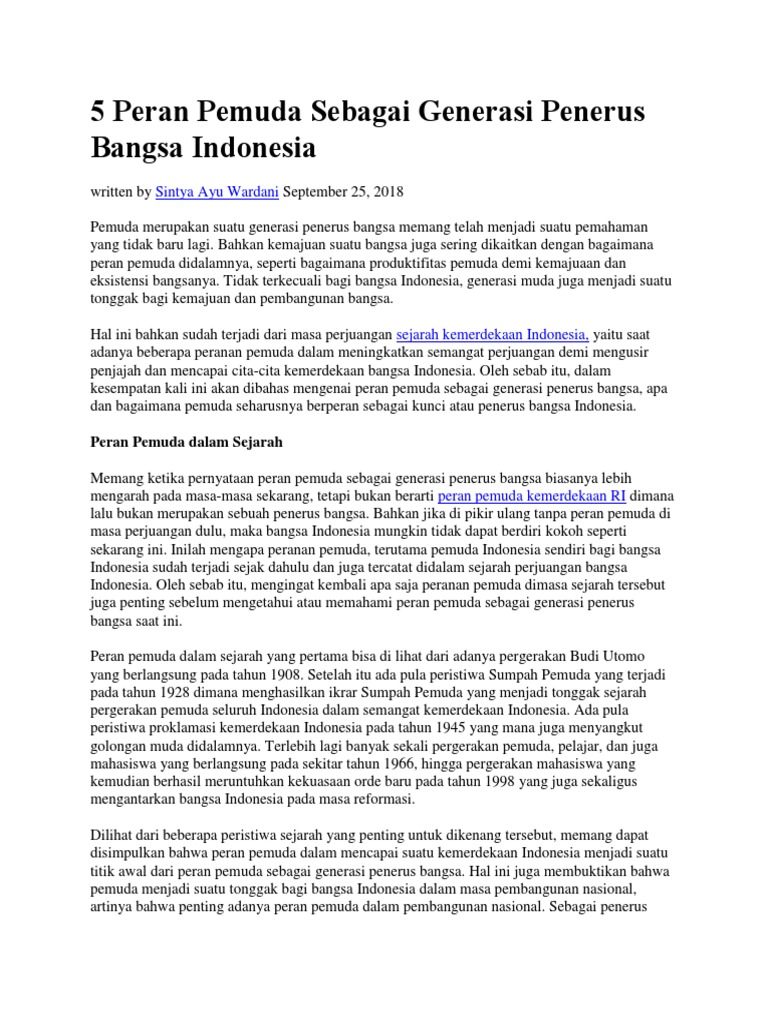 5 Peran Pemuda Sebagai Generasi Penerus Bangsa Indonesia | PDF