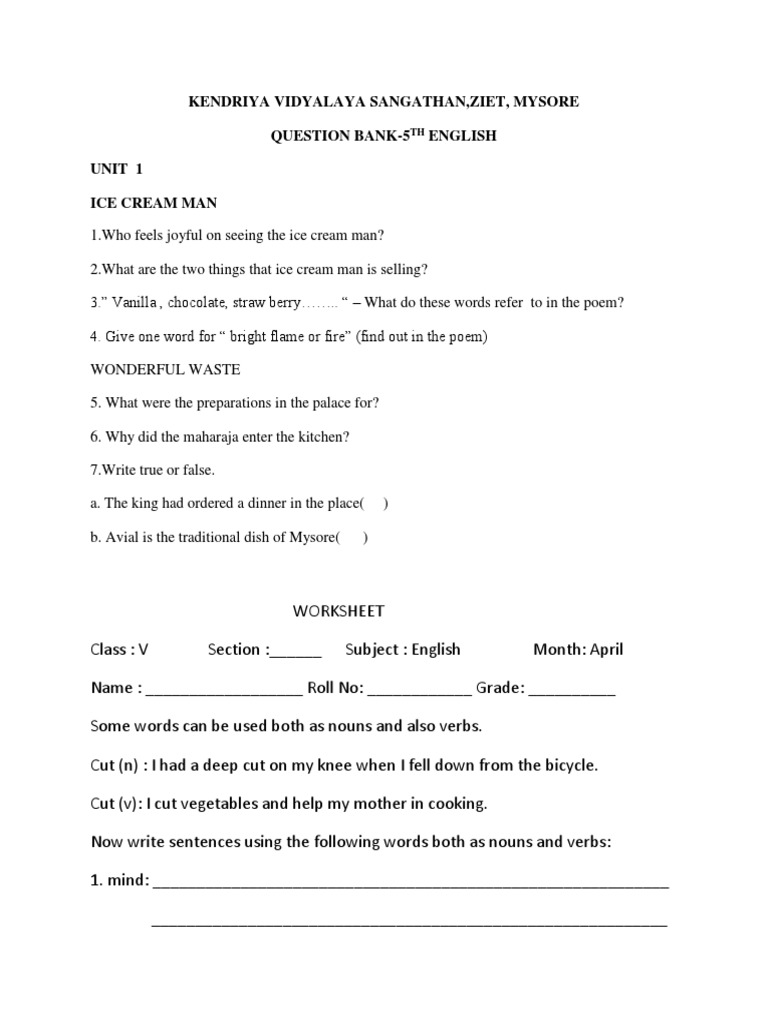 English Question Bank Class V | PDF | Nature