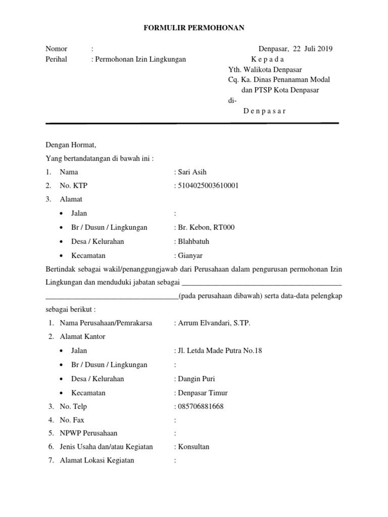 FORMULIR PERMOHONAN Izin Lingkungan | PDF