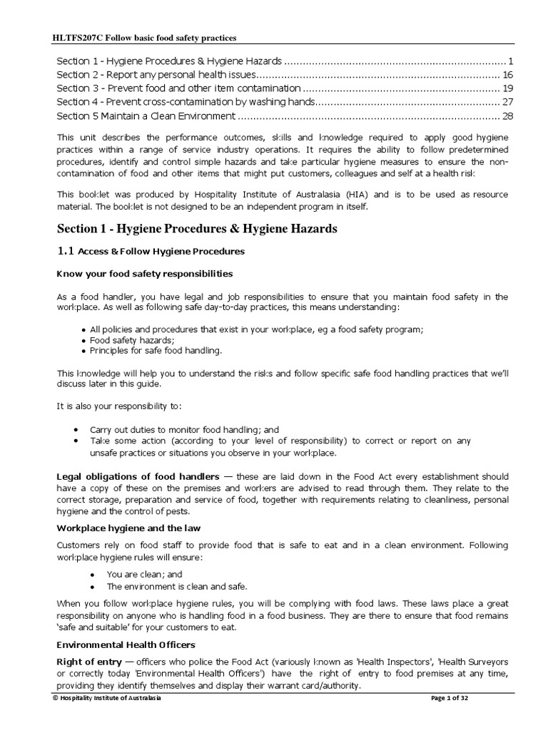 HLTFS207C Follow Basic Food Safety Practices Course Notes PDF | PDF ...