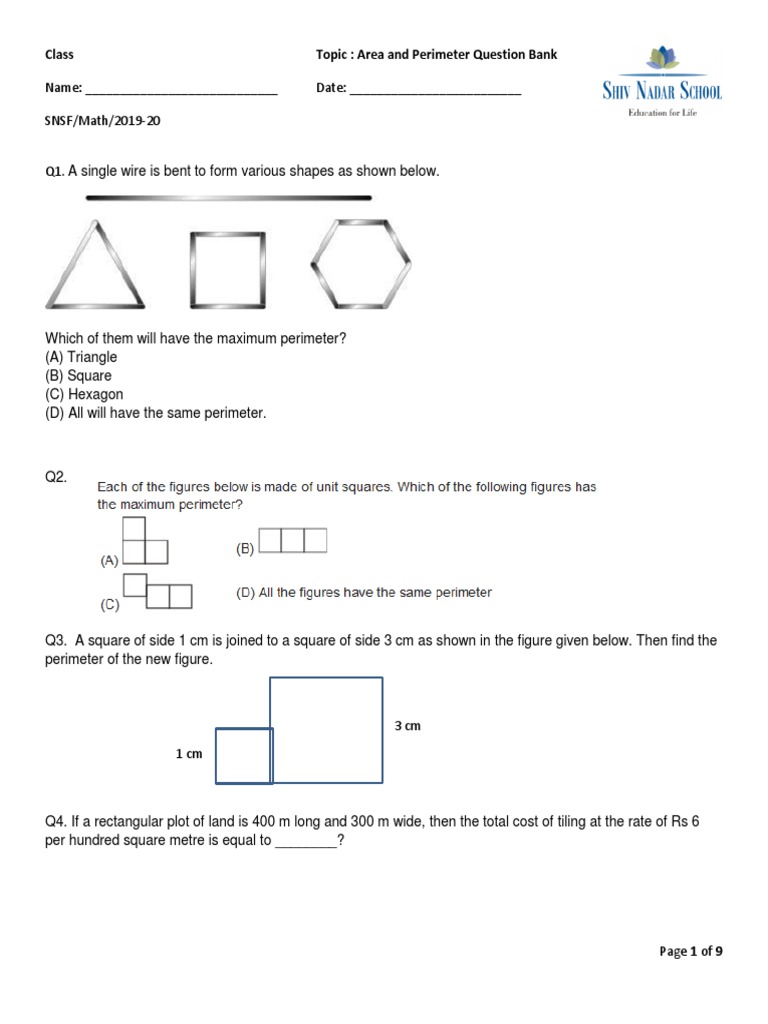 Question Bank - Area and Perimeter | PDF | Area | Rectangle