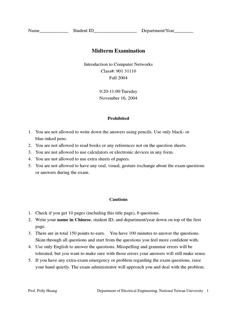 Computer Networks Midterm Exam 2004 | PDF | Transmission Control ...