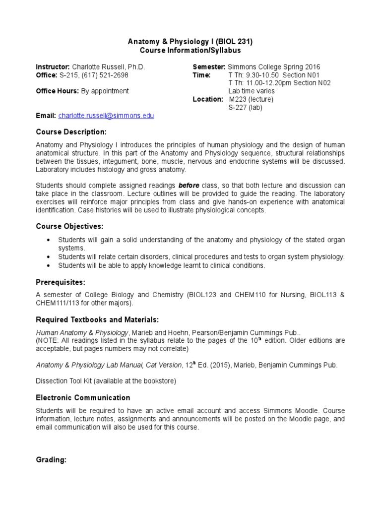 Biol-231 Anatomy Physiology I Syllabus | PDF | Lecture | Anatomy