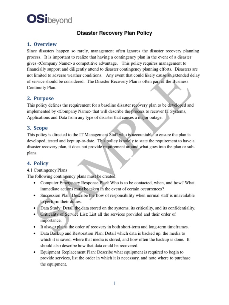 A Comprehensive Disaster Recovery Plan Policy Outlining Requirements ...