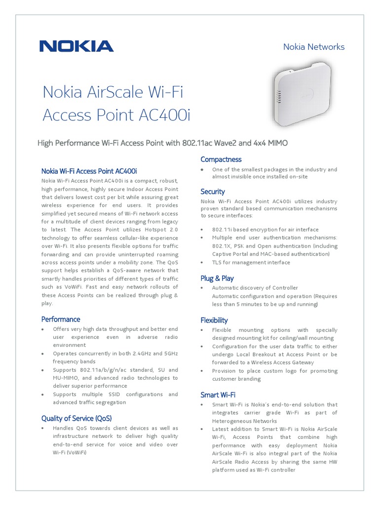 Nokia Wi-Fi Access Point AC400i 4x4 Standalone Indoor - Data Sheet v3.9 ...