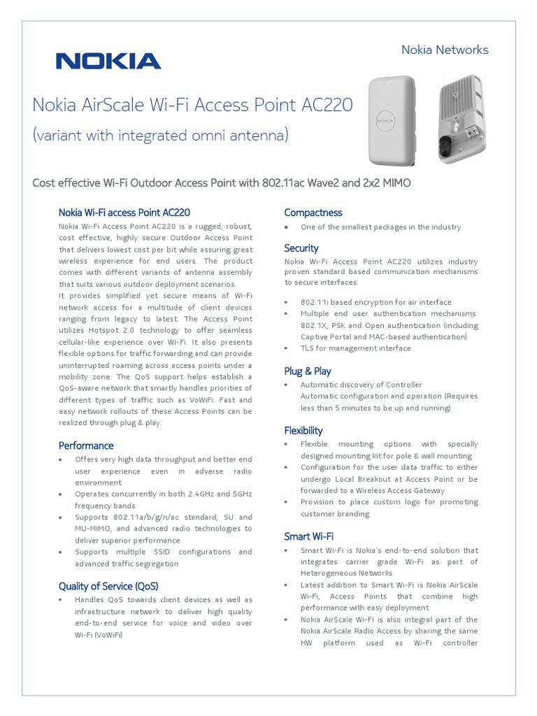Nokia Wi-Fi Access Point AC220 2x2 Outdoor - Integrated Omni Antenna ...