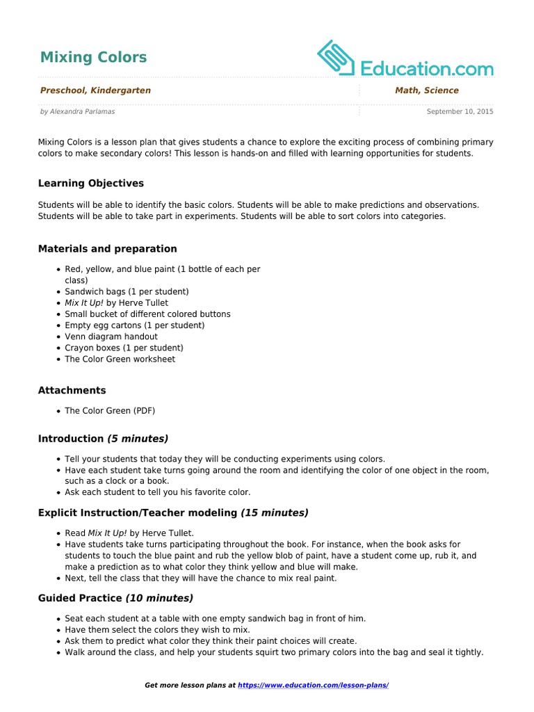 Mixing Colors | PDF | Color | Lesson Plan
