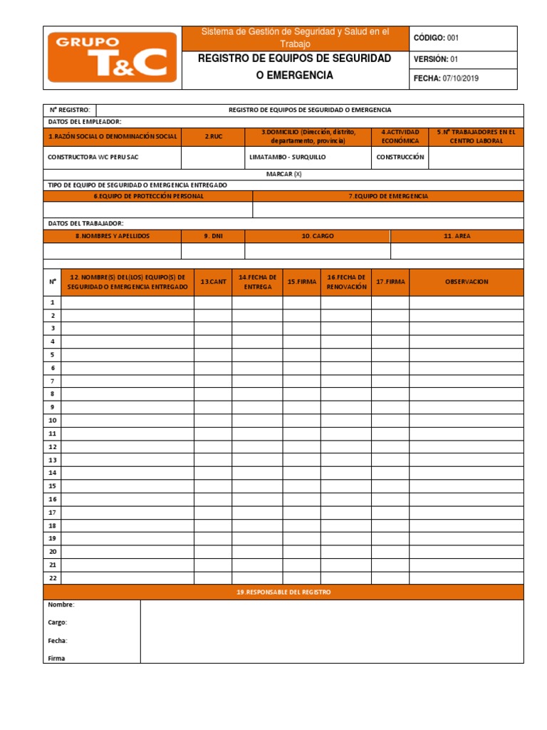 Registro de Equipos de Seguridad o Emergencia Epp | PDF