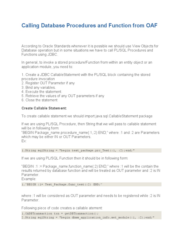 Calling Database Procedures and Function From OAF | PDF | Subroutine ...