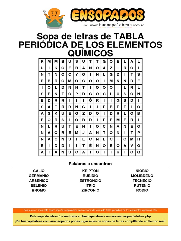 Sopa de Letras de Tabla Periódica de Los Elementos Químicos | PDF ...