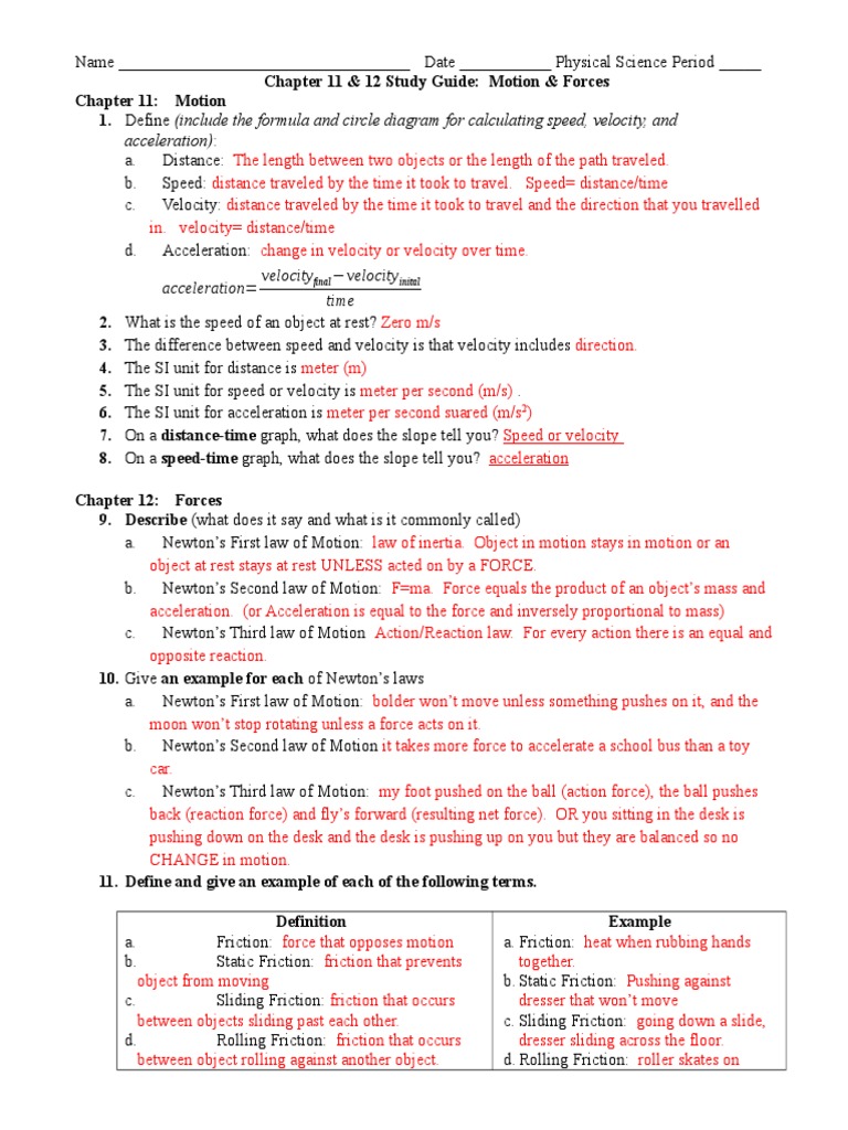 Unit 2 Motion and Forces Study Guide - KEY | PDF | Velocity | Force