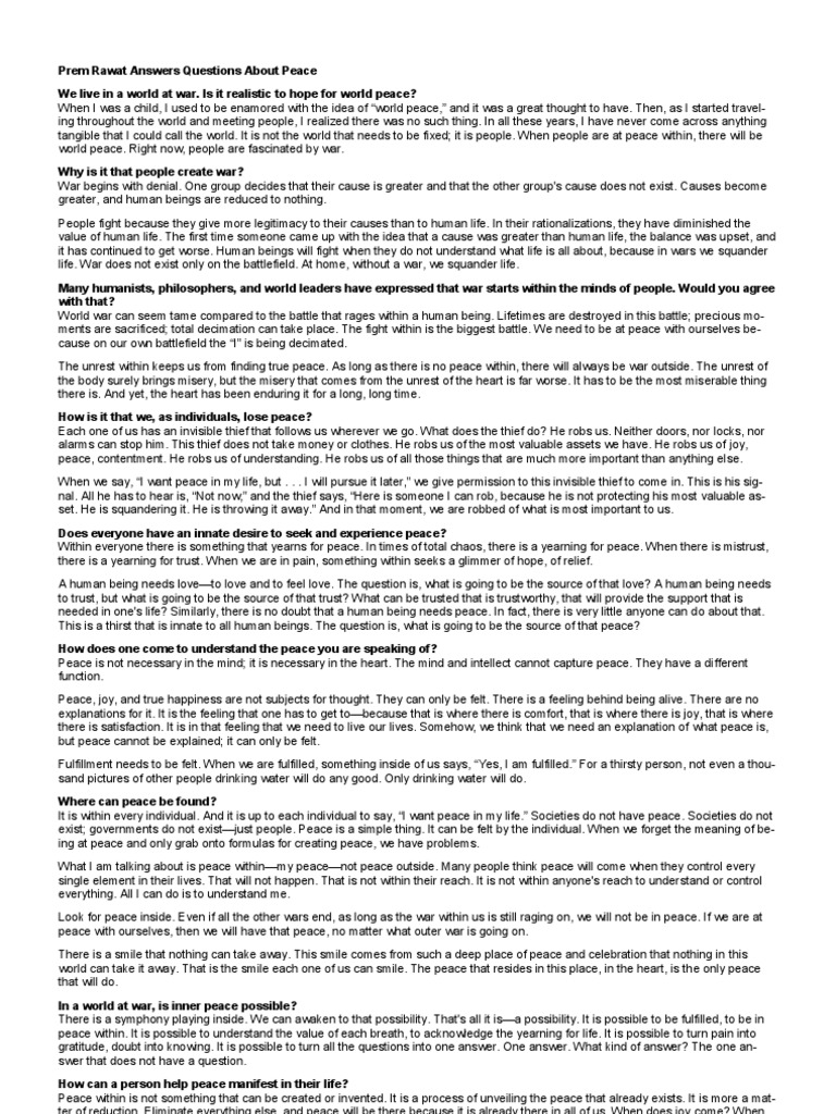 Prem Rawat Answers Questions About Peace | PDF | Peace | Contentment