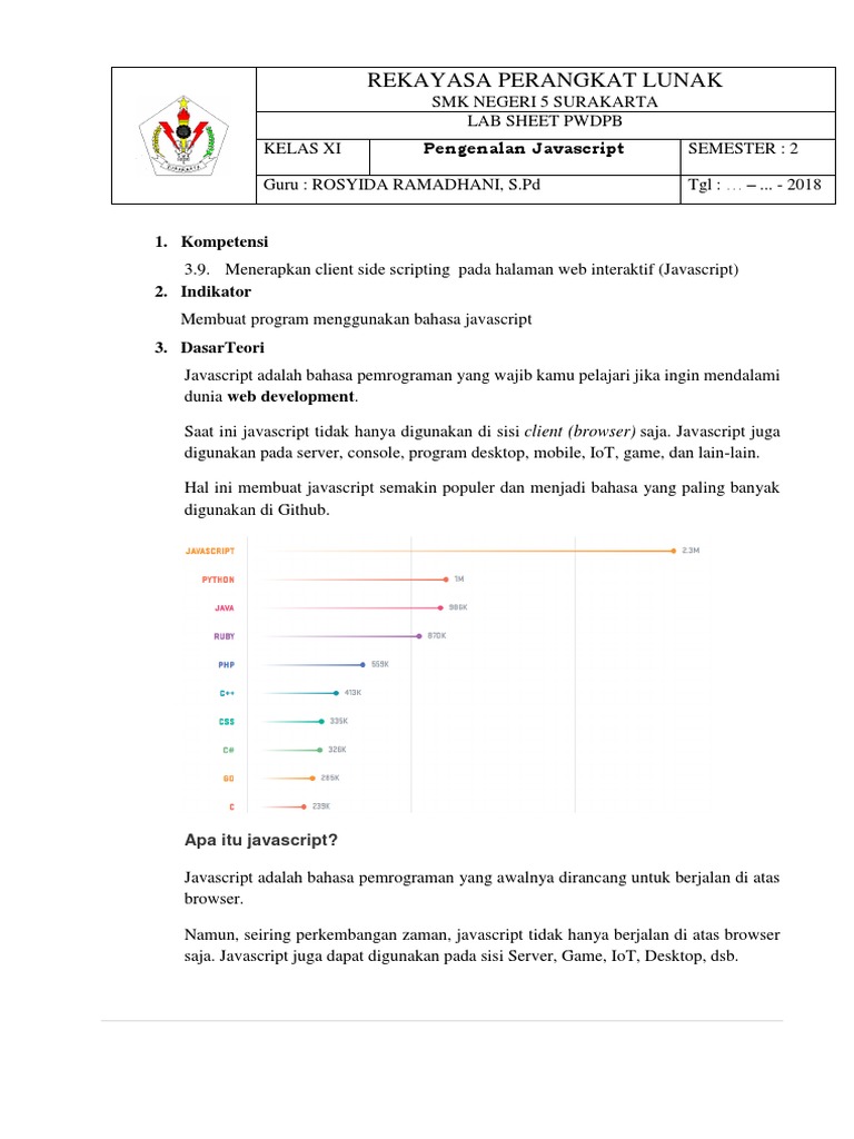 Jobsheet Javascript 1 - Pengenalan Javascript | PDF Jobsheet Javascript 1 - Pengenalan Javascript | PDF
