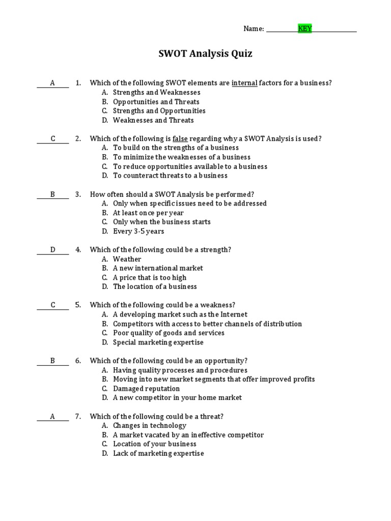 SWOT Analysis Quiz and Key Concepts | PDF | Swot Analysis | Marketing