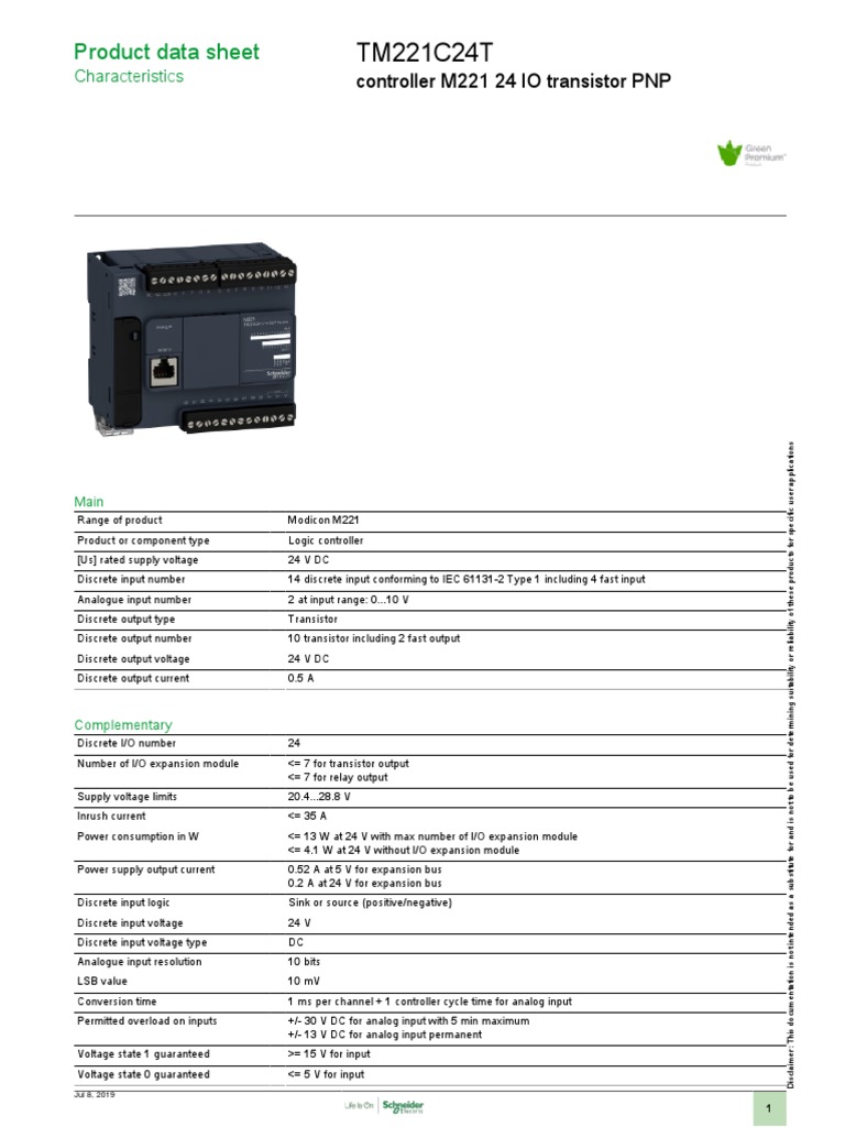 Modicon M221 TM221C24T Data Sheet | PDF | Hertz | Analogue Electronics