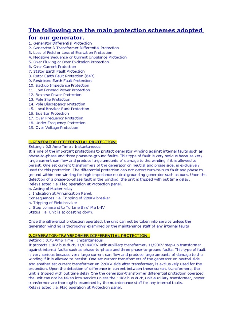 The Following Are The Main Protection Schemes Adopted For Our Generator ...