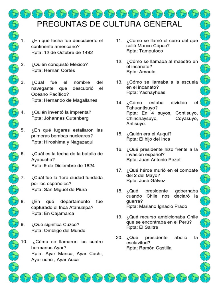 Preguntas de Cultura General | PDF | Imperio Inca | América del Sur
