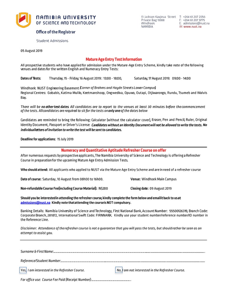 Mature Age Test Information 2020 | PDF