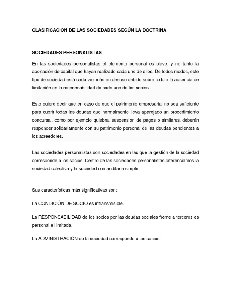 Clasificacion de Las Sociedades Según La Doctrina | PDF | Sociedad de responsabilidad limitada ...