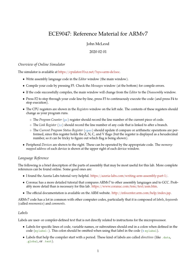 ARMv7 Assembly Reference | PDF | Arm Architecture | Subroutine