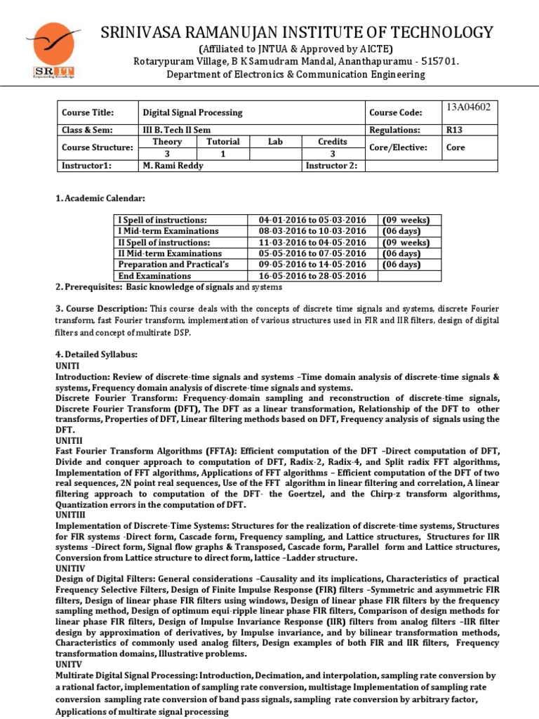 13 Batch - III-II - DSP - Course File | PDF | Discrete Fourier Transform | Digital Signal Processing