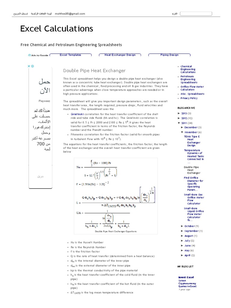Double Pipe Heat Exchanger - Excel Calculations | PDF | Reynolds Number ...