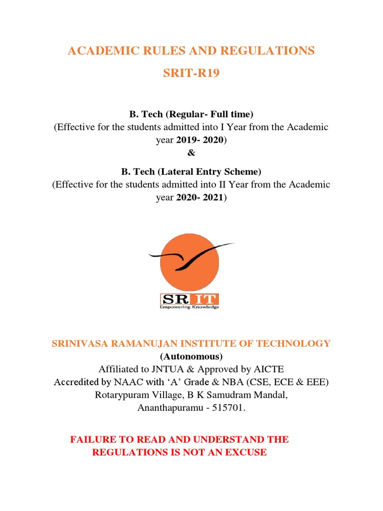 Academic Regulations - Autonomous - SRIT R19 - Batch 2019-23 | PDF ...