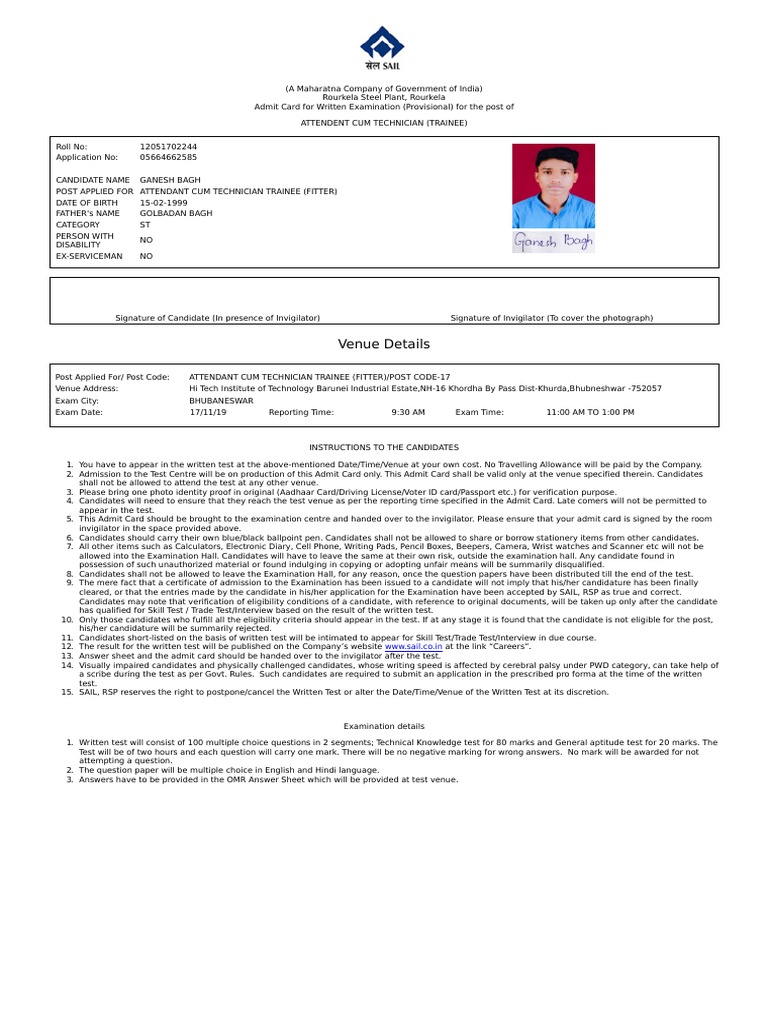 Admit Card PDF | PDF | Test (Assessment) | Multiple Choice