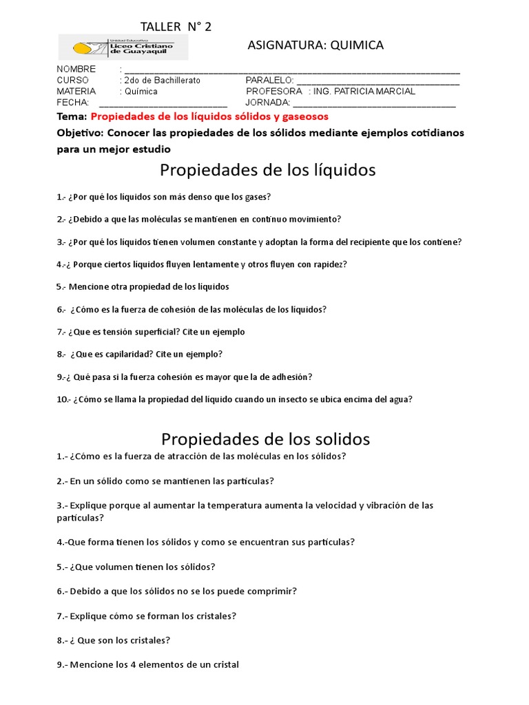 5 Taller Propiedades de Los Solidos Liquidos y Gases | PDF | Gases ...