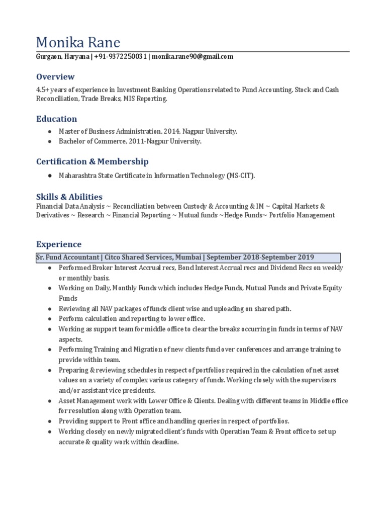 RESUME-Monika - Rane Updated PDF | PDF | Investment Management | Investing