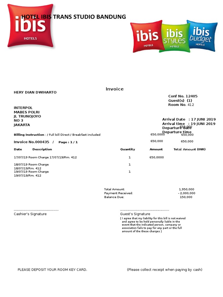 Hotel Ibis Trans Studio Bandung | PDF | Invoice | Business Documents