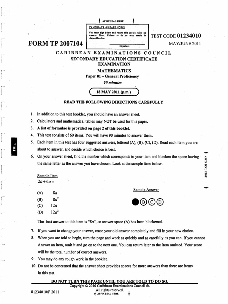 Csec June 2011 Mathematicsss Paper 1 Pdf