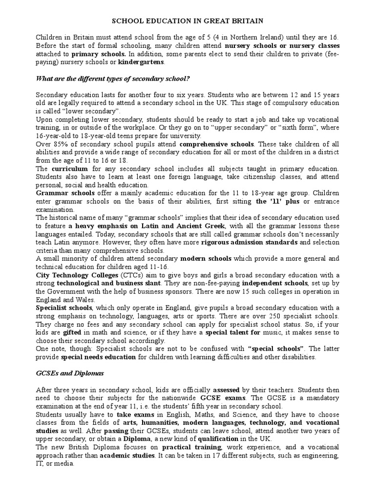 School Education in Great Britain | PDF | Gce Advanced Level (United ...