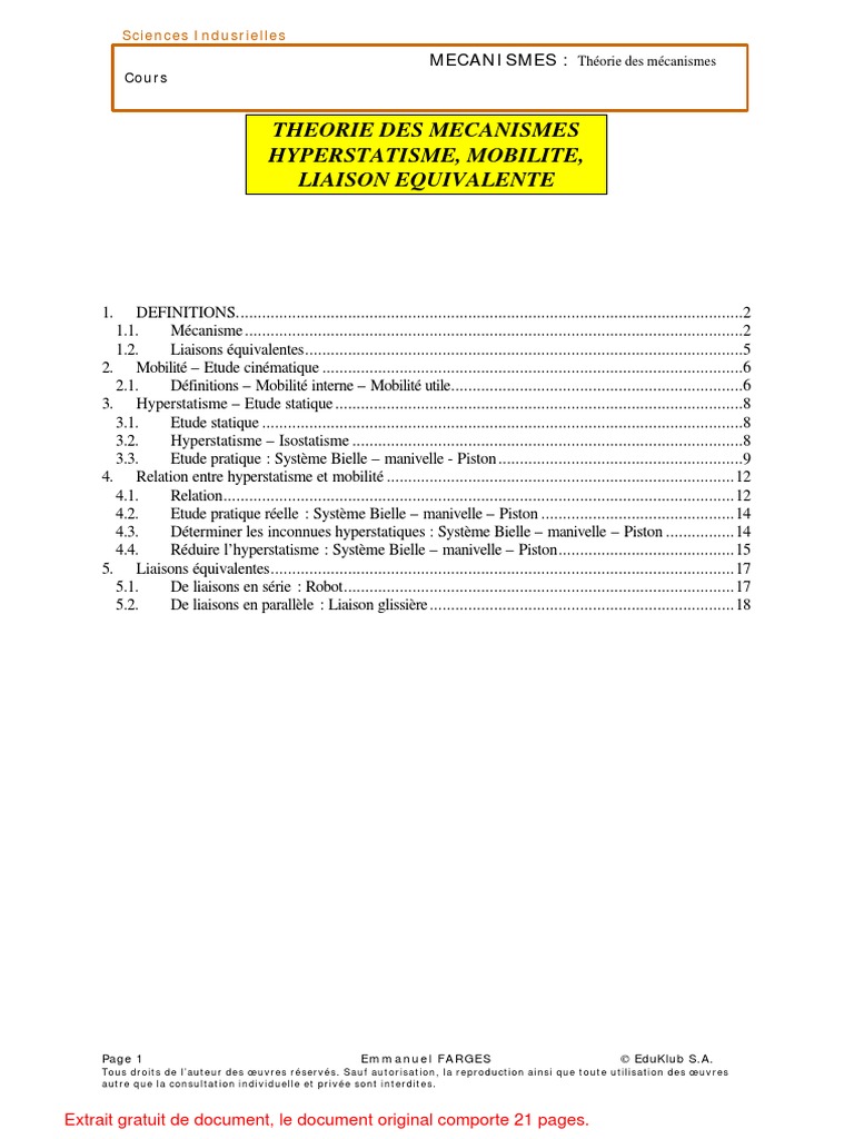 Hyperstatisme et Mobilité des Mécanismes | PDF | Mécanique | Ingénierie ...