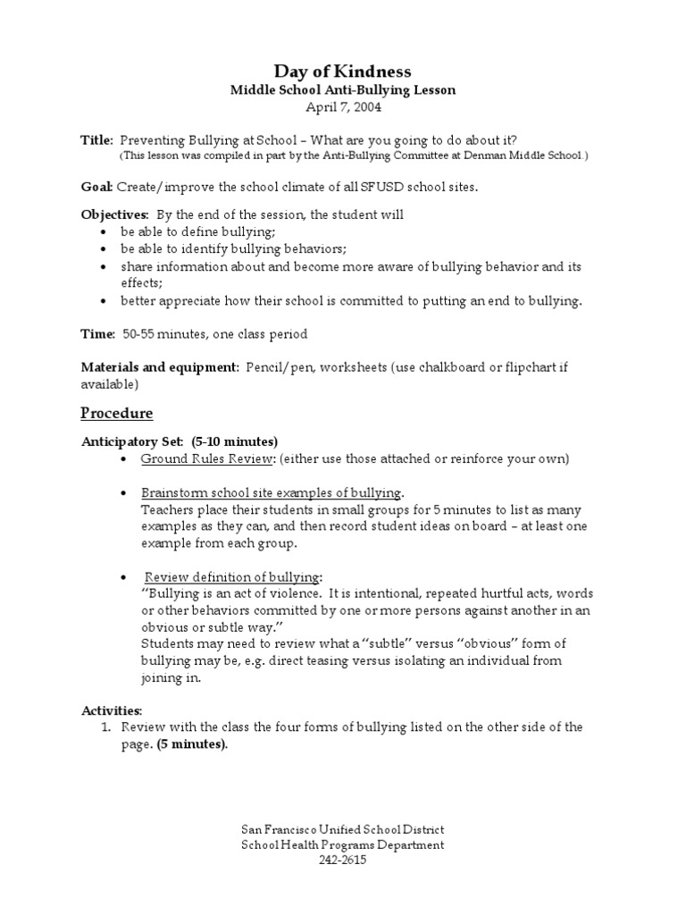 Middle School Anti-Bullying Lesson Plan | PDF | Bullying | Psychology