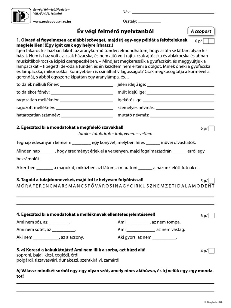 Nyelvtan Felmérő 4. Osztály | PDF