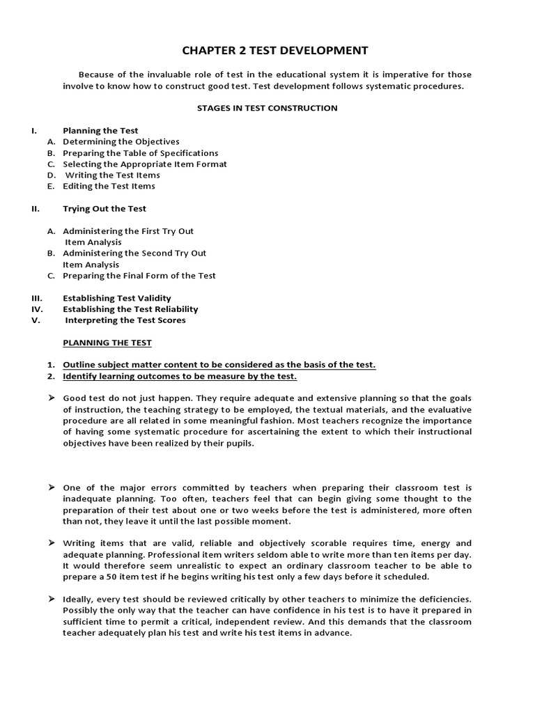REport in Test Construction CHAPTER 2 TEST DEVELOPMENT | PDF | Question ...