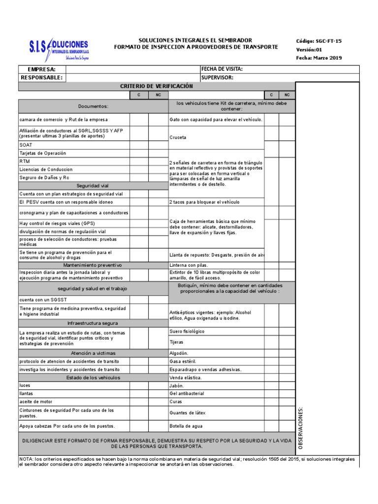 Formato de Inspección Sis | PDF | Transporte | Bienestar