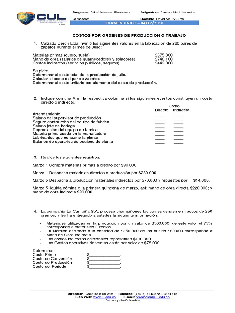 Examen Unico Contab Costos - Ad Financ | PDF | Gestión de la cadena de suministro | Industrias