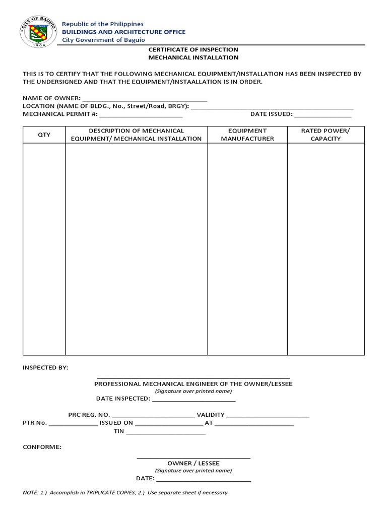 Certificate of Inspection Mechanical Installation | PDF | Technology ...