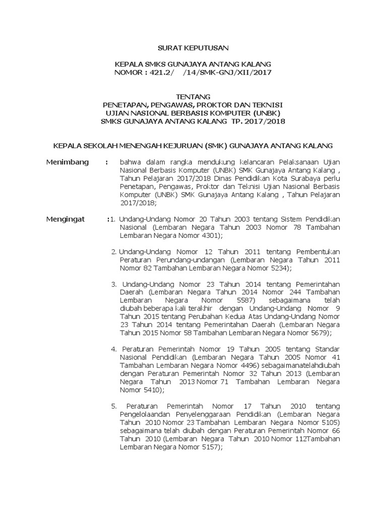 Contoh SK Proktor Dan Teknisi UNBK 2018 Atau Tahun Pelajaran 2017-2018 ...