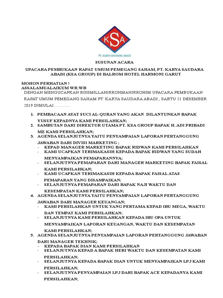 Susunan Acara PT - Ksa Group | PDF