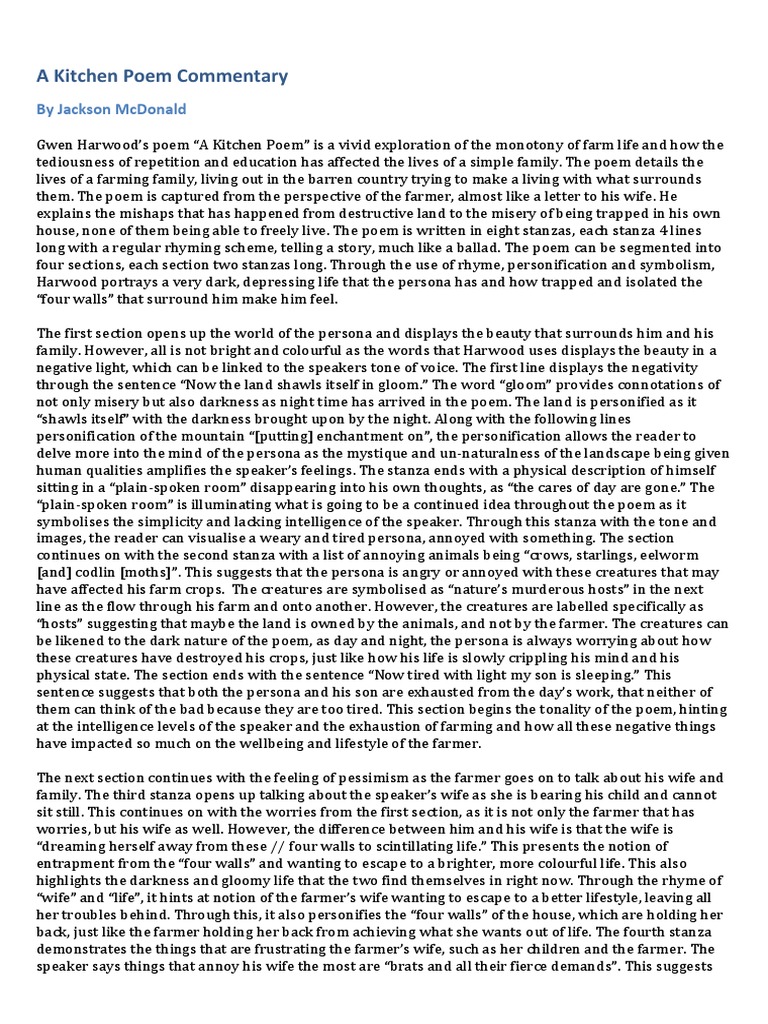 Analysis of Harwood's "A Kitchen Poem" | PDF | Poetry
