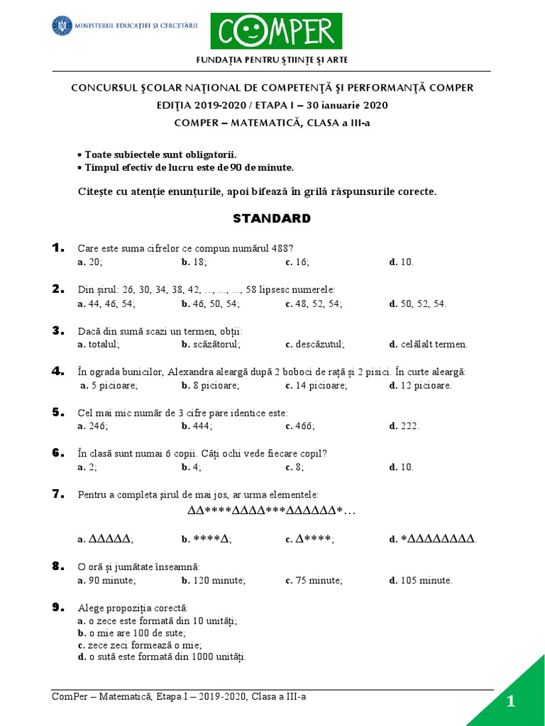 Subiect Comper Matematica Etapai 2019 2020 Clasaiii 1 | PDF