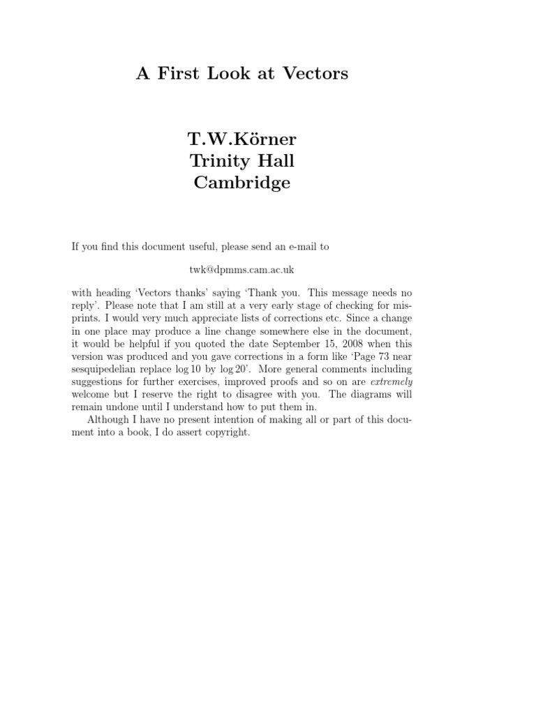 Korner - A First Look at Vectors | PDF | Matrix (Mathematics) | Determinant