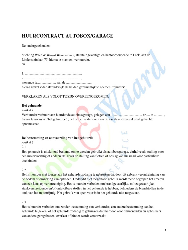Huurcontract Garage | PDF